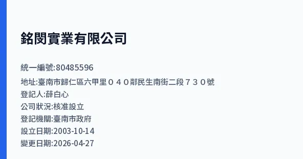 銘閔實業有限公司的照片-統編 80485596(臺南市) 公司登記資料與營業項目詳細圖表