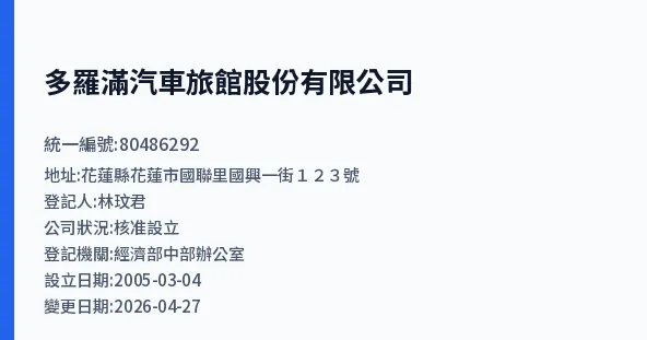 多羅滿汽車旅館股份有限公司的照片-統編 80486292(花蓮縣) 公司登記資料與營業項目詳細圖表