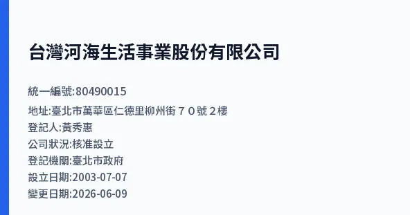 台灣河海生活事業股份有限公司的照片-統編 80490015(臺北市) 公司登記資料與營業項目詳細圖表