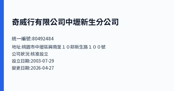 奇威行有限公司中壢新生分公司的照片-統編 80492484(桃園市) 公司登記資料與營業項目詳細圖表
