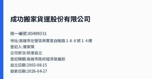 成功搬家貨運股份有限公司的照片-統編 80499331(高雄市) 公司登記資料與營業項目詳細圖表