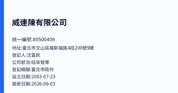 威連陳有限公司的照片-統編 80500409(臺北市) 公司登記資料與營業項目詳細圖表