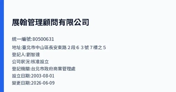 展翰管理顧問有限公司的照片-統編 80500631(臺北市) 公司登記資料與營業項目詳細圖表