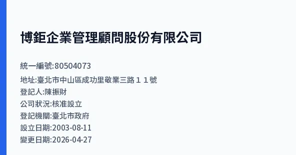博鉅企業管理顧問股份有限公司的照片-統編 80504073(臺北市) 公司登記資料與營業項目詳細圖表