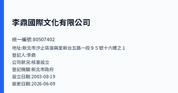 李鼎國際文化有限公司的照片-統編 80507402(新北市) 公司登記資料與營業項目詳細圖表