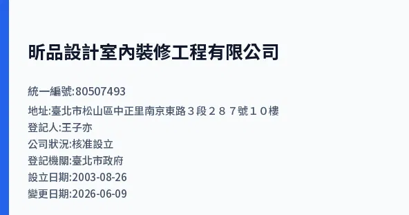 昕品設計室內裝修工程有限公司的照片-統編 80507493(臺北市) 公司登記資料與營業項目詳細圖表