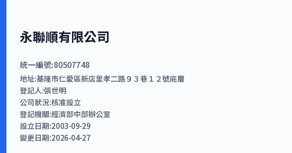 永聯順有限公司的照片-統編 80507748(基隆市) 公司登記資料與營業項目詳細圖表