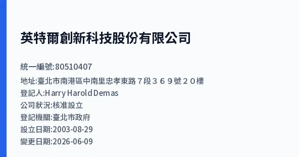 英特爾創新科技股份有限公司的照片-統編 80510407(臺北市) 公司登記資料與營業項目詳細圖表