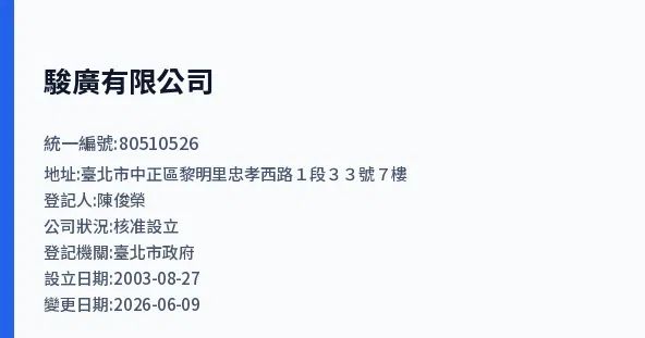 駿廣有限公司的照片-統編 80510526(臺北市) 公司登記資料與營業項目詳細圖表