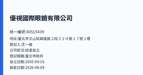 優視國際眼鏡有限公司的照片-統編 80515439(臺北市) 公司登記資料與營業項目詳細圖表