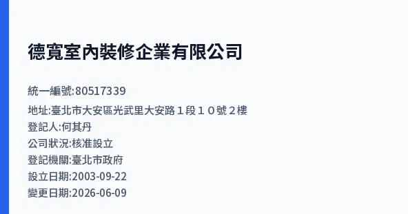 德寬室內裝修企業有限公司的照片-統編 80517339(臺北市) 公司登記資料與營業項目詳細圖表