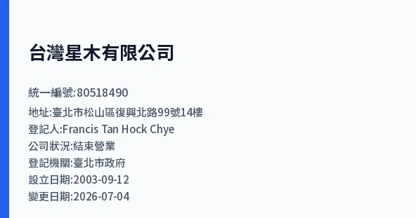 台灣星木有限公司的照片-統編 80518490(臺北市) 公司登記資料與營業項目詳細圖表