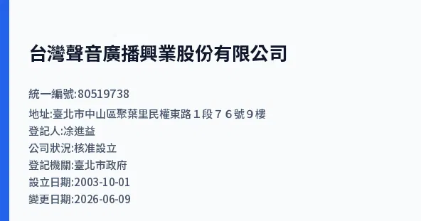 台灣聲音廣播興業股份有限公司的照片-統編 80519738(臺北市) 公司登記資料與營業項目詳細圖表