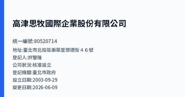 高津思牧國際企業股份有限公司的照片-統編 80520714(臺北市) 公司登記資料與營業項目詳細圖表