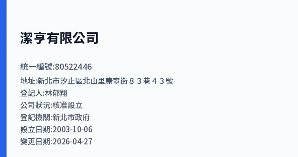 潔亨有限公司的照片-統編 80522446(新北市) 公司登記資料與營業項目詳細圖表