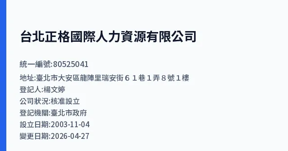 台北正格國際人力資源有限公司的照片-統編 80525041(臺北市) 公司登記資料與營業項目詳細圖表