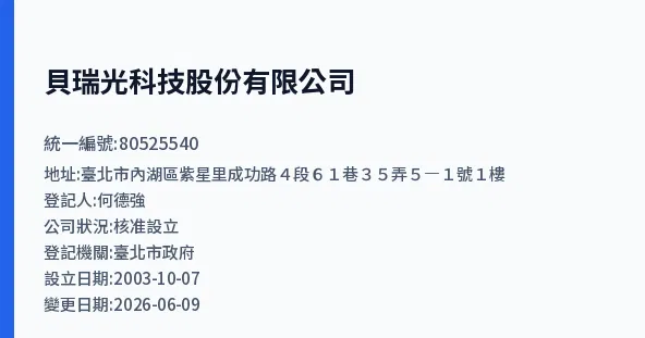 貝瑞光科技股份有限公司的照片-統編 80525540(臺北市) 公司登記資料與營業項目詳細圖表