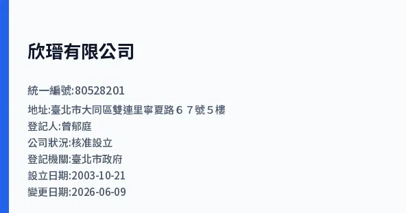 欣瑨有限公司的照片-統編 80528201(臺北市) 公司登記資料與營業項目詳細圖表