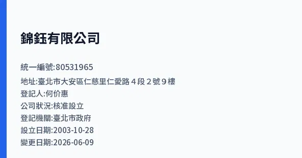 錦鈺有限公司的照片-統編 80531965(臺北市) 公司登記資料與營業項目詳細圖表