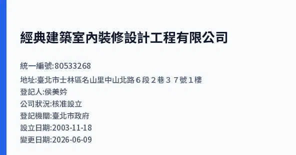 經典建築室內裝修設計工程有限公司的照片-統編 80533268(臺北市) 公司登記資料與營業項目詳細圖表