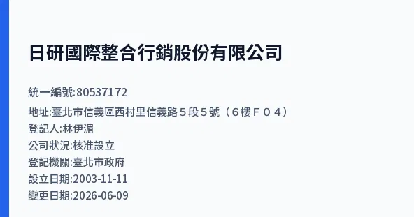 日研國際整合行銷股份有限公司的照片-統編 80537172(臺北市) 公司登記資料與營業項目詳細圖表