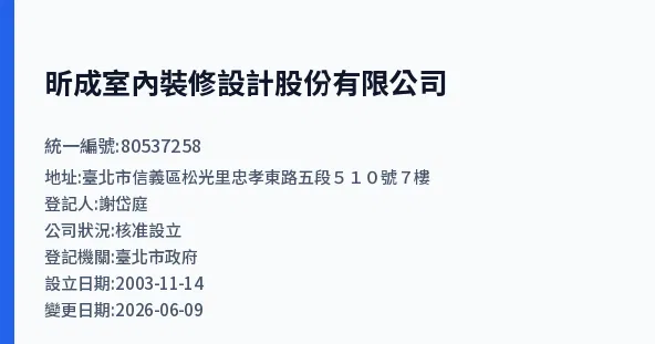 昕成室內裝修設計股份有限公司的照片-統編 80537258(臺北市) 公司登記資料與營業項目詳細圖表