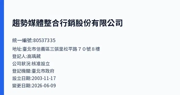 趨勢媒體整合行銷股份有限公司的照片-統編 80537335(臺北市) 公司登記資料與營業項目詳細圖表