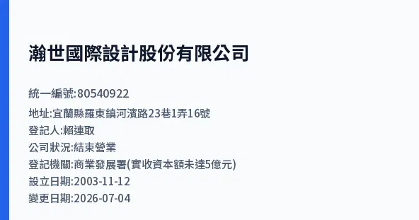 瀚世國際設計股份有限公司的照片-統編 80540922(宜蘭縣) 公司登記資料與營業項目詳細圖表