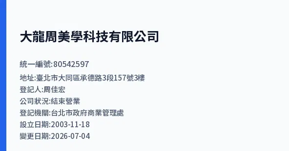 大龍周美學科技有限公司的照片-統編 80542597(臺北市) 公司登記資料與營業項目詳細圖表