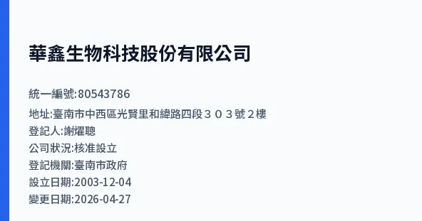 華鑫生物科技股份有限公司的照片-統編 80543786(臺南市) 公司登記資料與營業項目詳細圖表