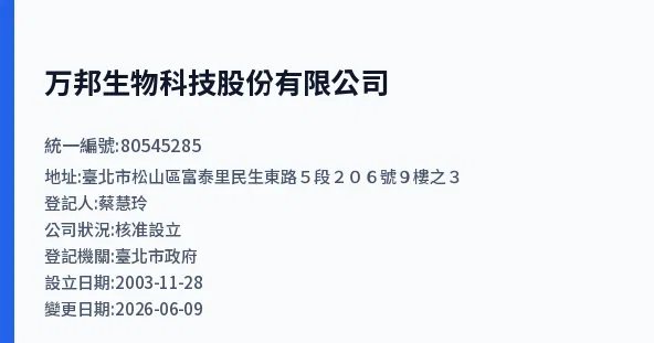 万邦生物科技股份有限公司的照片-統編 80545285(臺北市) 公司登記資料與營業項目詳細圖表