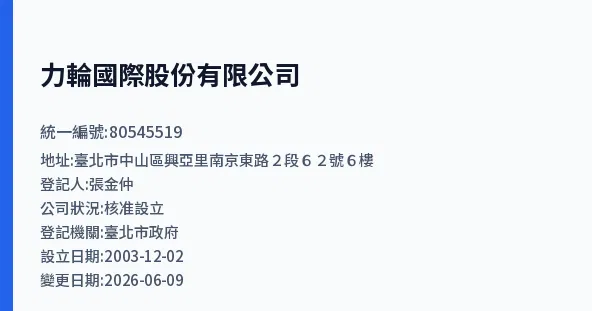 力輪國際股份有限公司的照片-統編 80545519(臺北市) 公司登記資料與營業項目詳細圖表