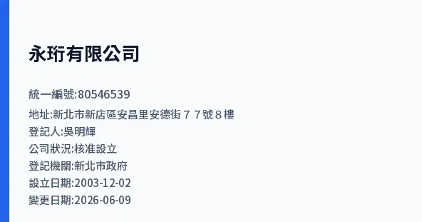 永珩有限公司的照片-統編 80546539(新北市) 公司登記資料與營業項目詳細圖表