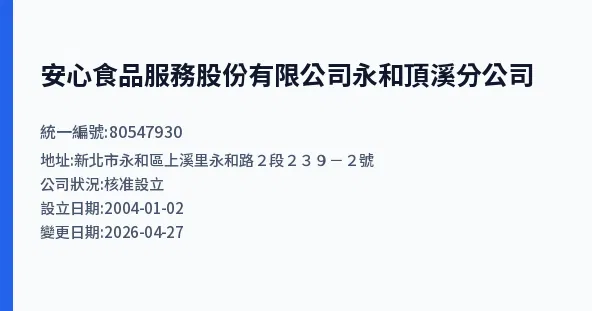 安心食品服務股份有限公司永和頂溪分公司的照片-統編 80547930(新北市) 公司登記資料與營業項目詳細圖表
