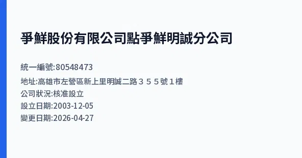 爭鮮股份有限公司點爭鮮明誠分公司的照片-統編 80548473(高雄市) 公司登記資料與營業項目詳細圖表