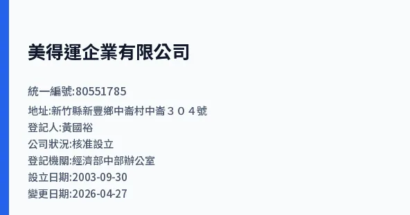 美得運企業有限公司的照片-統編 80551785(新竹縣) 公司登記資料與營業項目詳細圖表