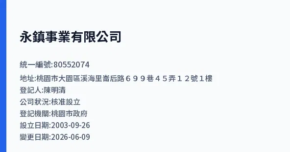 永鎮事業有限公司的照片-統編 80552074(桃園市) 公司登記資料與營業項目詳細圖表