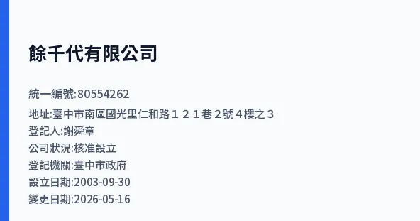 餘千代有限公司的照片-統編 80554262(臺中市) 公司登記資料與營業項目詳細圖表