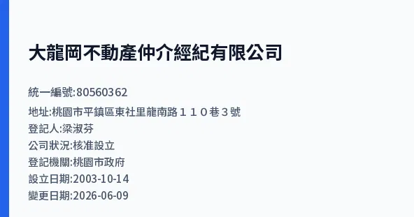 大龍岡不動產仲介經紀有限公司的照片-統編 80560362(桃園市) 公司登記資料與營業項目詳細圖表