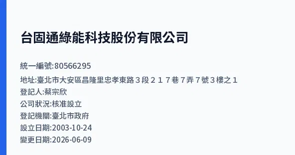 台固通綠能科技股份有限公司的照片-統編 80566295(臺北市) 公司登記資料與營業項目詳細圖表