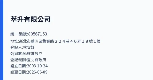 萃升有限公司的照片-統編 80567153(新北市) 公司登記資料與營業項目詳細圖表