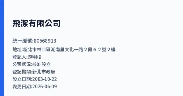 飛潔有限公司的照片-統編 80568913(新北市) 公司登記資料與營業項目詳細圖表