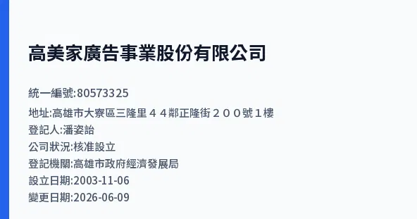 高美家廣告事業股份有限公司的照片-統編 80573325(高雄市) 公司登記資料與營業項目詳細圖表