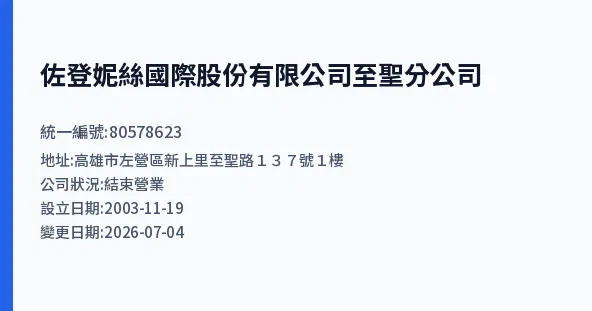 佐登妮絲國際股份有限公司至聖分公司的照片-統編 80578623(高雄市) 公司登記資料與營業項目詳細圖表