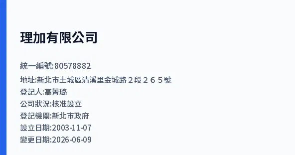 理加有限公司的照片-統編 80578882(新北市) 公司登記資料與營業項目詳細圖表