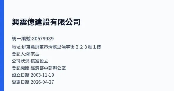 興震億建設有限公司的照片-統編 80579989(屏東縣) 公司登記資料與營業項目詳細圖表
