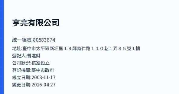 亨亮有限公司的照片-統編 80583674(臺中市) 公司登記資料與營業項目詳細圖表