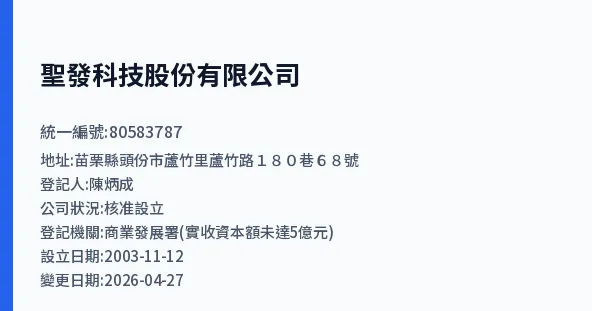 聖發科技股份有限公司的照片-統編 80583787(苗栗縣) 公司登記資料與營業項目詳細圖表