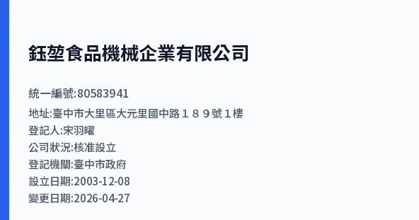 鈺堃食品機械企業有限公司的照片-統編 80583941(臺中市) 公司登記資料與營業項目詳細圖表