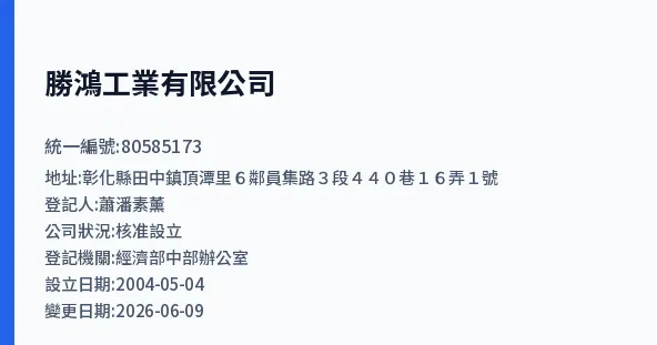 勝鴻工業有限公司的照片-統編 80585173(彰化縣) 公司登記資料與營業項目詳細圖表
